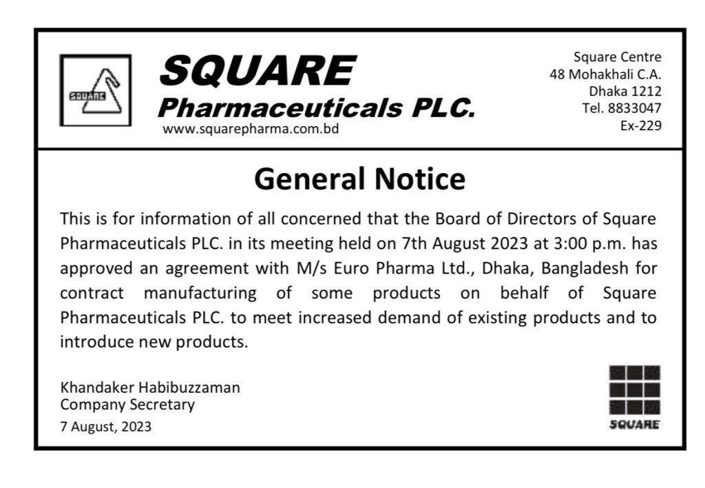 General Notice: SQUARE Pharmaceuticals PLC. - Daily Sharebazar