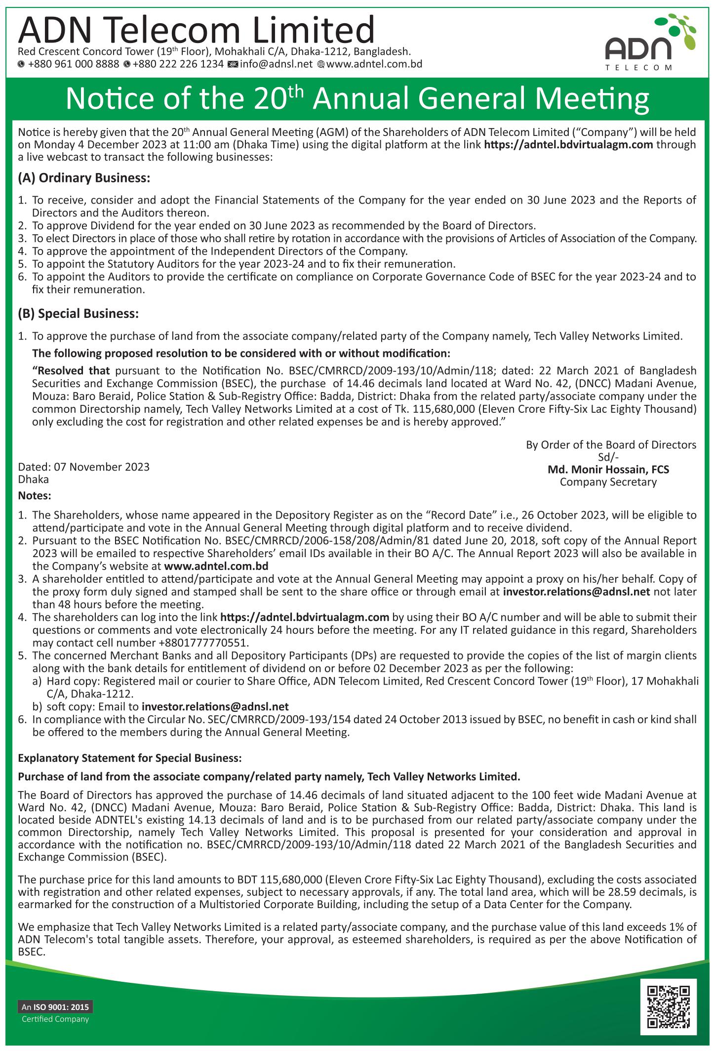AGM Notice Of ADN Telecom Ltd. - Daily Sharebazar