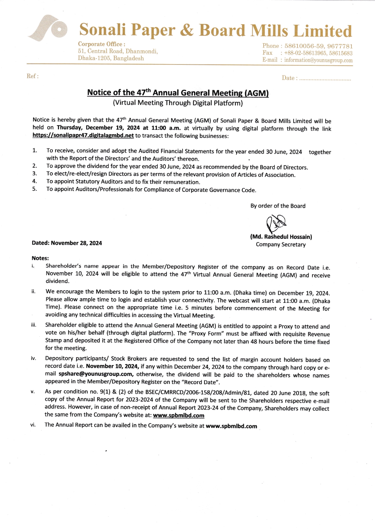 AGM Notice: Sonali Paper & Board Mills Ltd. - Daily Sharebazar